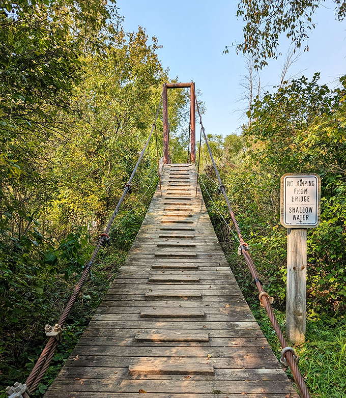 Adventure awaits at every step on this swing bridge, part thrill ride, part scenic overlook, with a "no jumping" sign that's practically begging to be ignored.