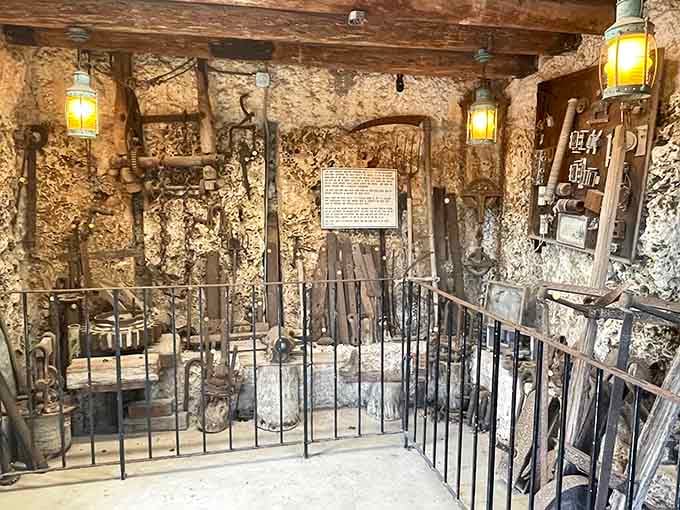 The tool room displays the surprisingly simple implements used to create this wonder, making modern power tools look like cheating.