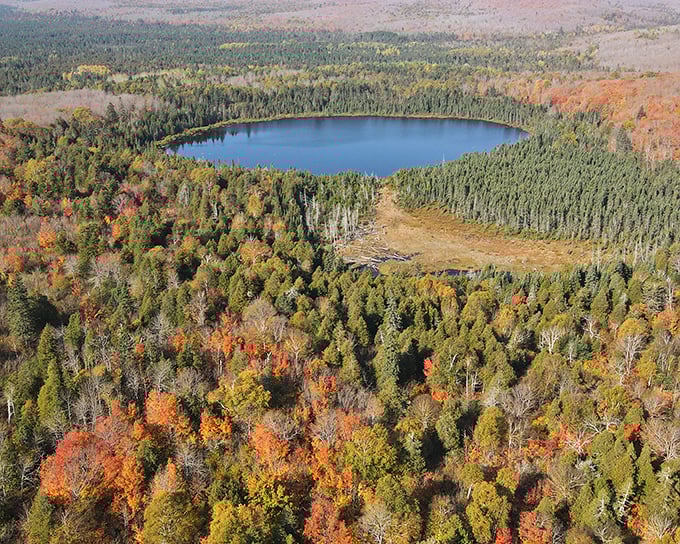 A bird's-eye view reveals Oberg Lake's perfect circular form, like Mother Nature's own masterfully designed swimming pool.