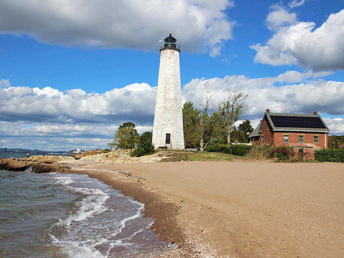 Five Mile Lighthouse stands tall against the coastal backdrop. This historic beacon has guided sailors safely home for nearly two centuries.