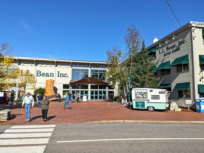 L.L.Bean's flagship store in Freeport welcomes shoppers with its iconic boot and spacious campus, open 24/7 for whenever adventure calls.
