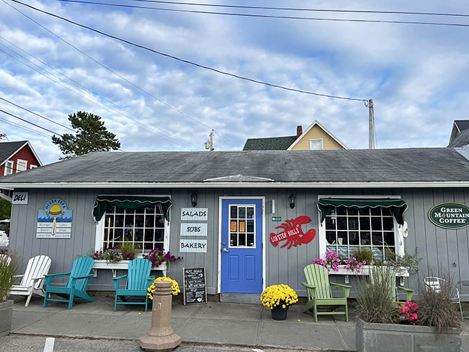 Ocean Park Subs & Grocery's unassuming exterior hides sweet secrets inside. The cheerful blue door and colorful Adirondack chairs welcome hungry visitors.