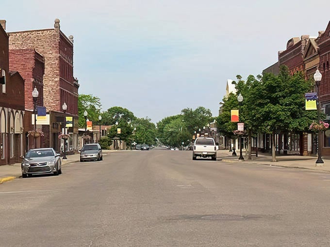 Pipestone's distinctive red quartzite buildings glow in the prairie sunlight, creating a unique architectural landscape in southwestern Minnesota.