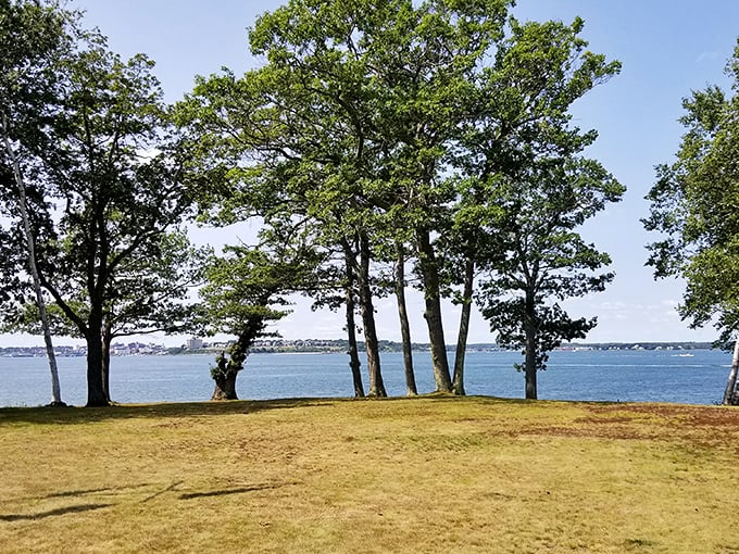 Great Diamond Island's historic shoreline reveals colorful sea glass treasures against a backdrop of Maine's iconic coastal landscape.