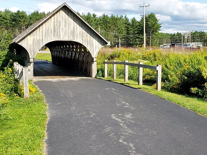 The Big Adventure Bridge offers a charming wooden welcome to outdoor enthusiasts, its simple design perfectly suited to its natural setting.