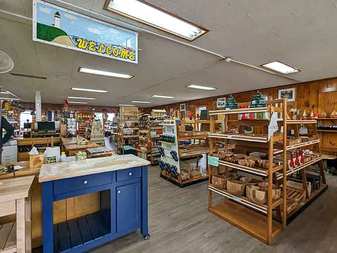 Handcrafted wooden treasures fill every shelf in this unique showroom where skilled artisans create beautiful functional art.
