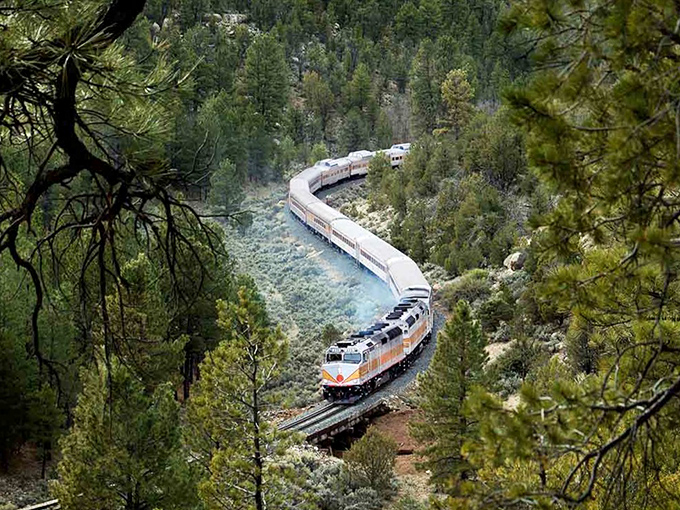 The Grand Canyon Railway snakes through pristine pine forests, turning transportation into a scenic adventure before the main attraction.