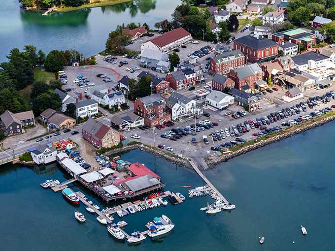 A bird's-eye view reveals Damariscotta's perfect blend of village charm and natural beauty, with boats dotting the protected harbor.