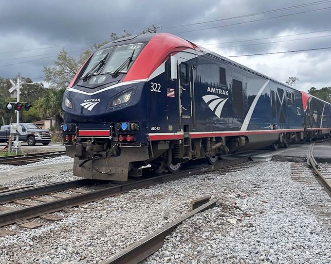 The striking red and blue Amtrak locomotive #322 arrives at a Florida crossing, bringing visitors to discover the authentic charm of small towns beyond the typical tourist destinations.
