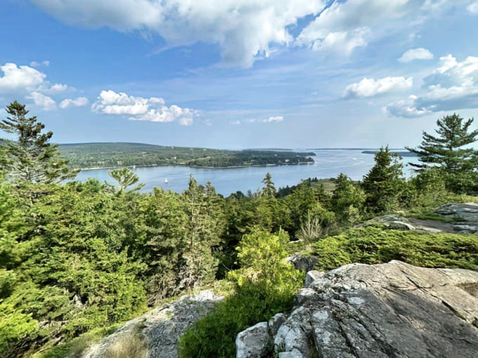 The summit of Flying Mountain rewards hikers with breathtaking views of Somes Sound and the island-dotted Atlantic beyond.