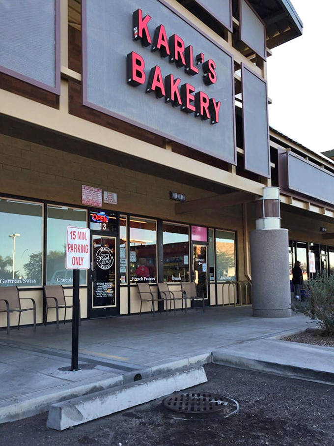 The bold red lettering of Karl's Quality Bakery promises pastries that elevate the humble donut to an art form.