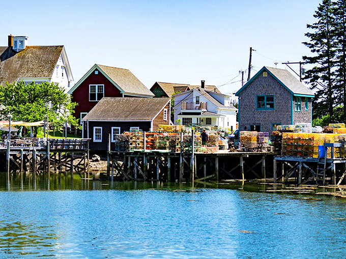 The working waterfront of Port Clyde showcases colorful fishing shacks built on sturdy pilings, where lobstermen have unloaded their catch for generations.
