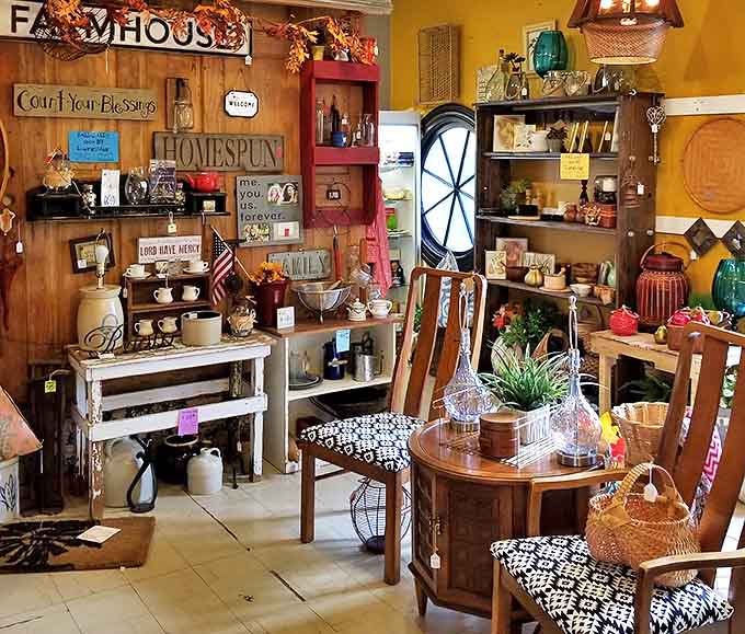 Inside, rooms flow with shabby chic furniture, crystal chandeliers, and carefully curated displays that inspire home decorating dreams.