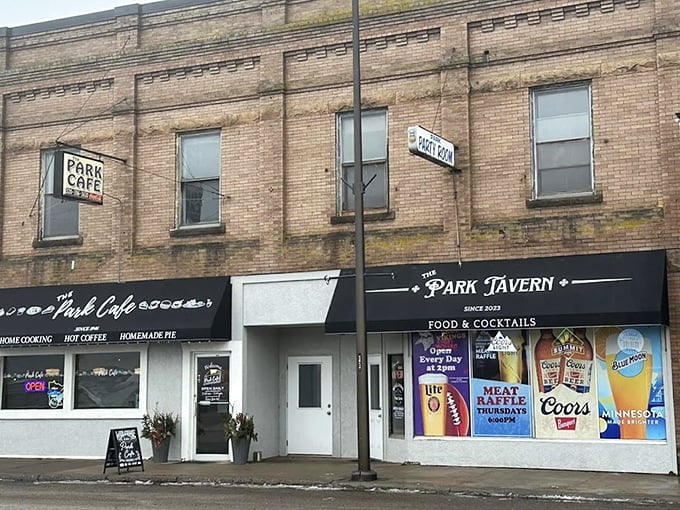The historic brick building housing The Park Cafe stands as a testament to time-honored pie traditions in downtown Braham.