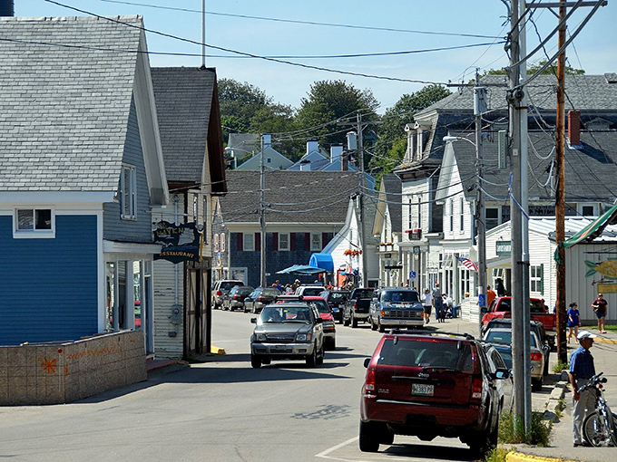 Buildings with weathered charm line Vinalhaven's streets, showcasing the island town's blend of working harbor and artistic community.
