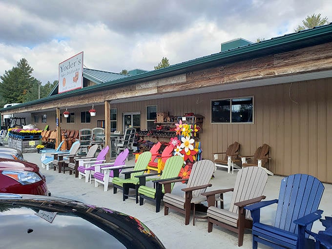 Rainbow-colored Adirondack chairs create a welcoming splash of color outside Yoder's of Tustin. Come for the baked goods, leave with a chair!