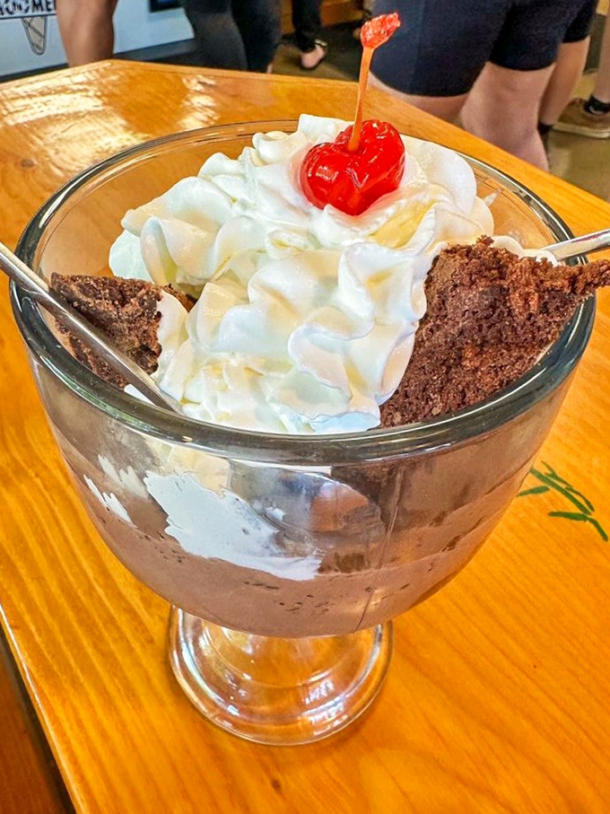 Another angle of dessert magnificence &ndash; chocolate chunks, whipped cream mountains, and cherries perched like mountaineers who've reached the summit of Flavor Everest.