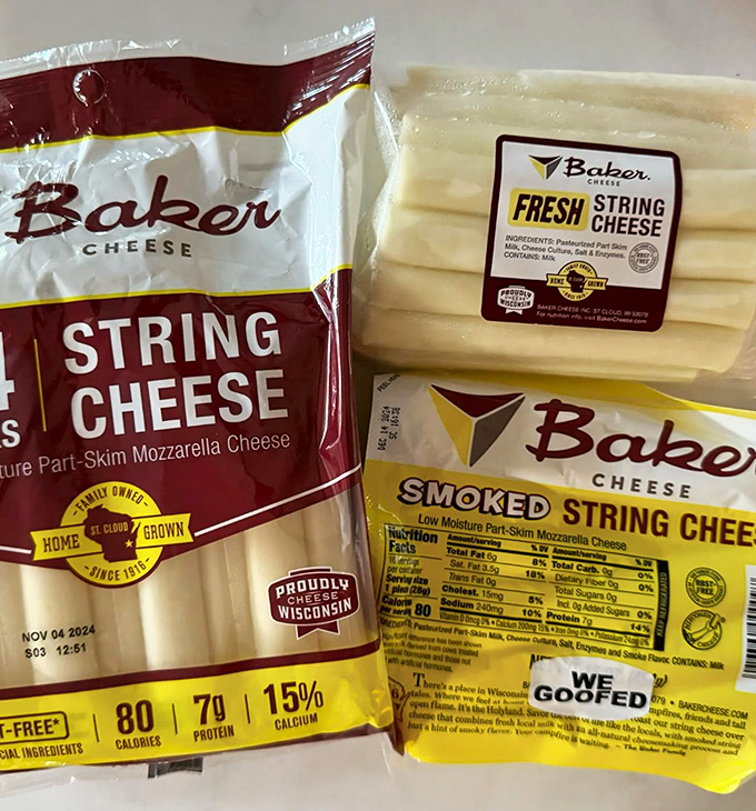 The holy trinity of Baker products: regular, smoked, and "We Goofed" string cheese &ndash; even their mistakes are delicious!
