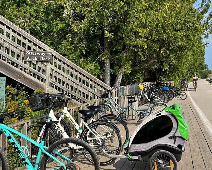 Bicycle paradise where cars dare not tread. The stairway beckons adventure-seekers toward Michigan's most photogenic natural wonder.