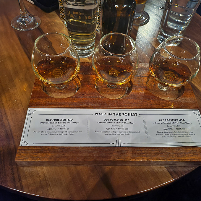 The "Walk in the Forest" flight: Three expressions of Old Forester whiskey that let you taste the evolution of American distilling history.