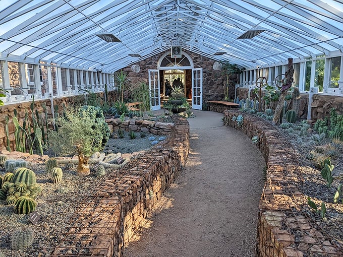 The greenhouse's crystal palace shelters exotic plants from around the world, a global botanical tour under one roof.
