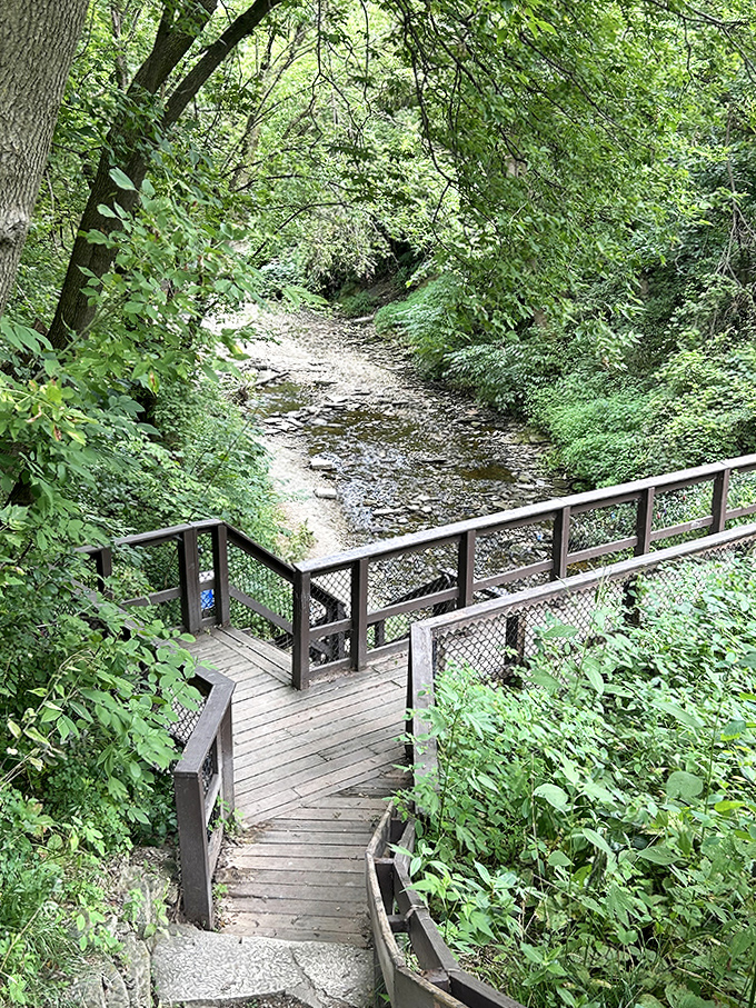 This wooden walkway invites exploration through a verdant corridor of Wisconsin wilderness, promising adventure just steps from the parking area.