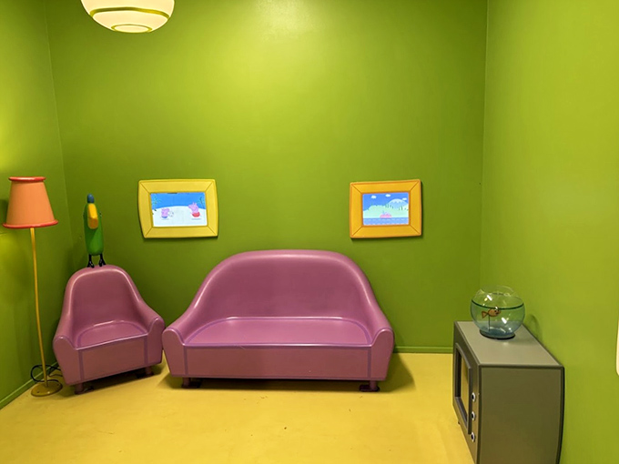 Peppa's cozy living space brought to life with perfectly pig-sized furniture that makes adults feel like giants in a miniature world.