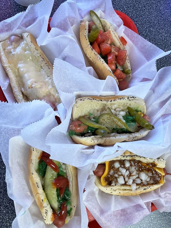A lineup of hot dogs dressed to impress, each one a different flavor adventure waiting to happen on a bun.