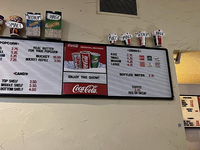 No digital menu boards here &ndash; just classic concession signage that reminds you some traditions are worth preserving, especially when butter and candy are involved.