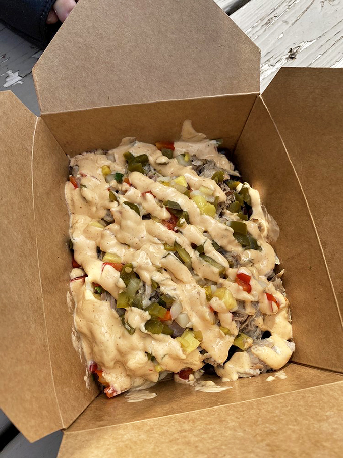 Nachos that deserve their "Far Out" name, loaded with layers of goodness including teriyaki chicken, jalape&ntilde;os, avocado, and your choice of sauce.