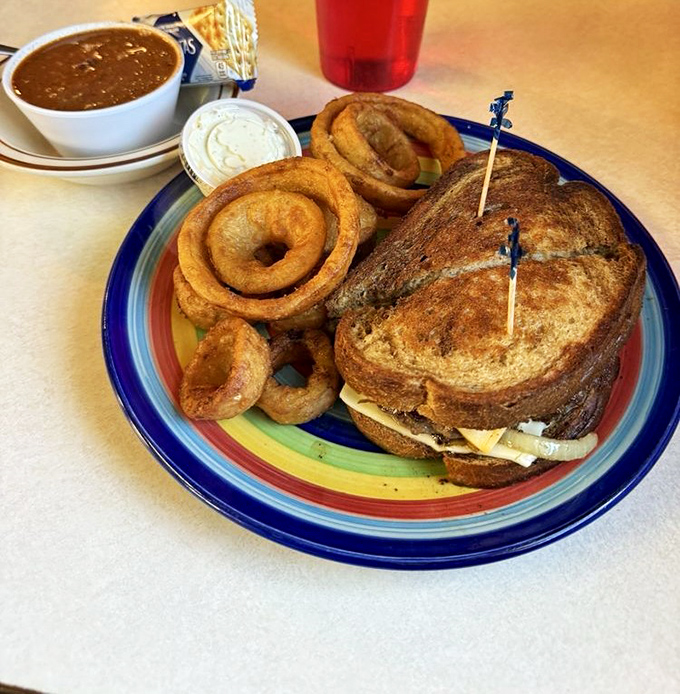 The legendary patty melt: a burger nestled between grilled rye bread with Swiss cheese and caramelized onions that'll make you momentarily forget your name.