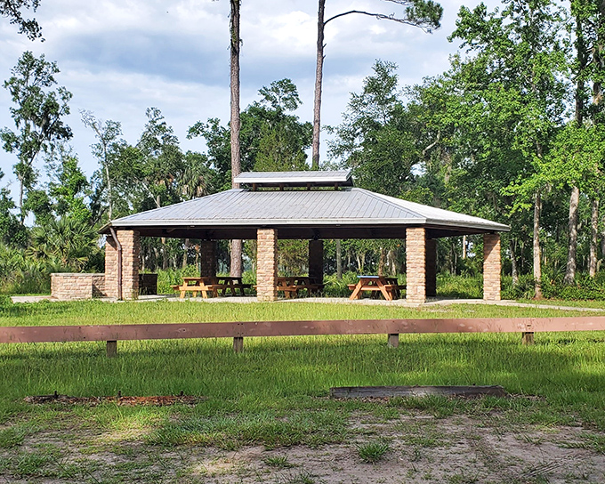 The modern picnic pavilion provides a shaded respite for visitors, blending harmoniously with the natural surroundings while offering practical amenities.