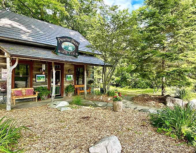 Primitive Images Rustics welcomes visitors with rustic charm, showcasing local artistry in a cabin that feels plucked from another era.