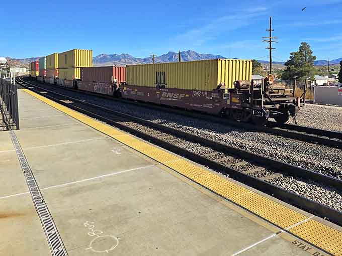Modern container trains stretch toward distant mountains, showing how rail transport continues evolving while honoring its heritage.