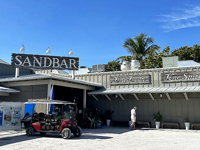 At Sandbar, the golf carts parked outside tell you everything&mdash;this is where locals come for seafood with their toes literally in the sand and sunset views on the side.