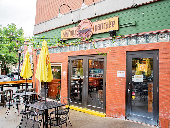 The Skinny Pancake's outdoor seating beckons with promises of crepe perfection &ndash; where maple-drizzled dreams come true on a sunny Vermont day.