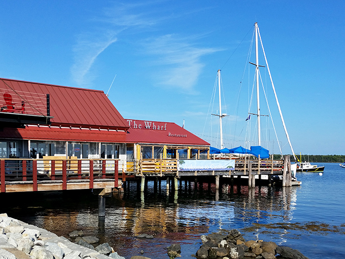 The Wharf Restaurant juts confidently into the harbor, promising seafood so fresh it was swimming this morning.