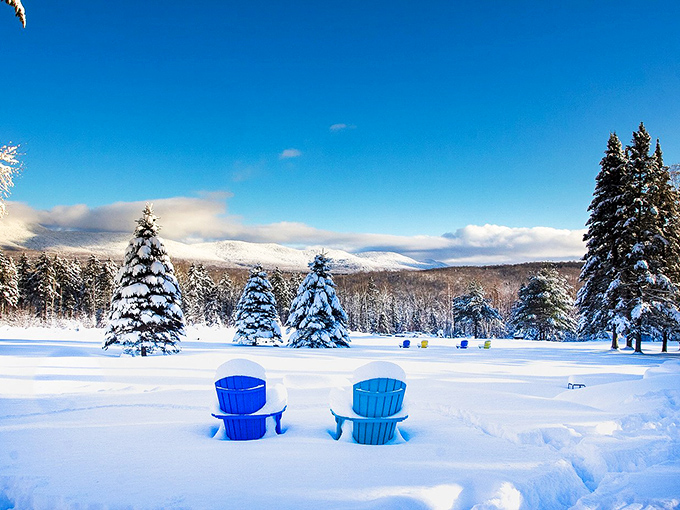 Winter blankets Ripton in pristine white, with Adirondack chairs patiently waiting for braver souls who know that cold views are sometimes the most breathtaking.