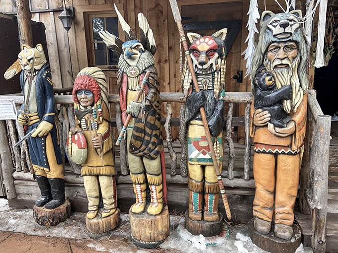 Native American-inspired wood carvings stand guard at the entrance, telling stories of the land's heritage through intricate craftsmanship.