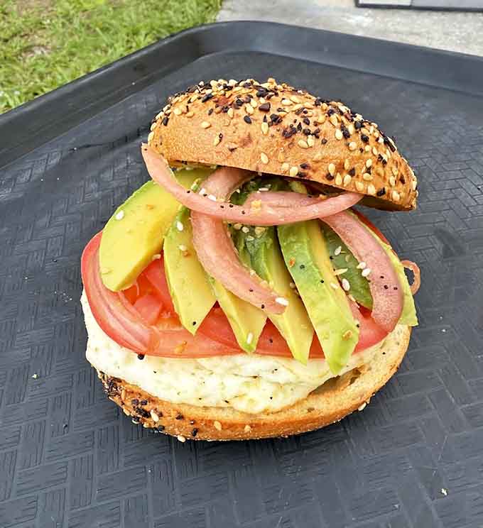 Who says you can't have avocado for breakfast? This bagel proves healthy fats and carbs make beautiful music together.
