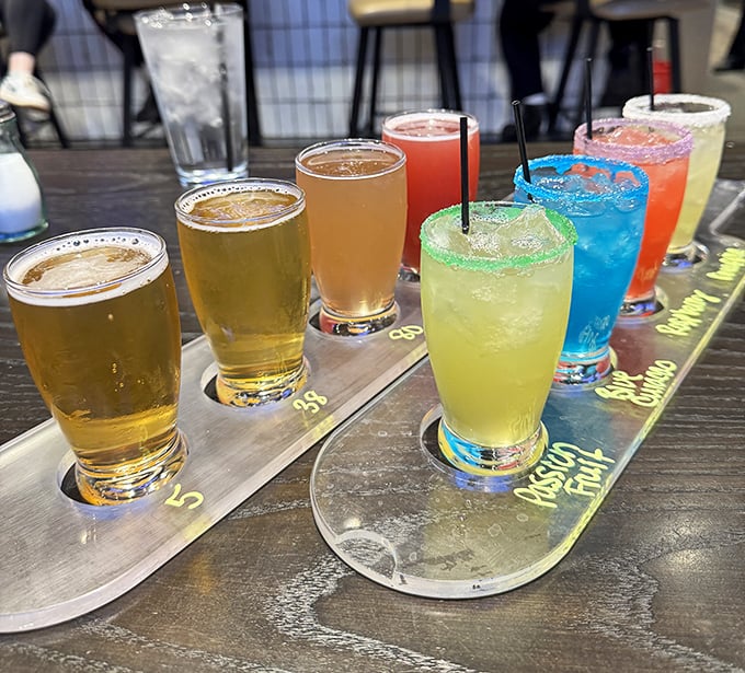 Colorful drink flight: Decision paralysis? These rainbow-hued sips let you tour the extensive beverage options without committing to just one liquid adventure.