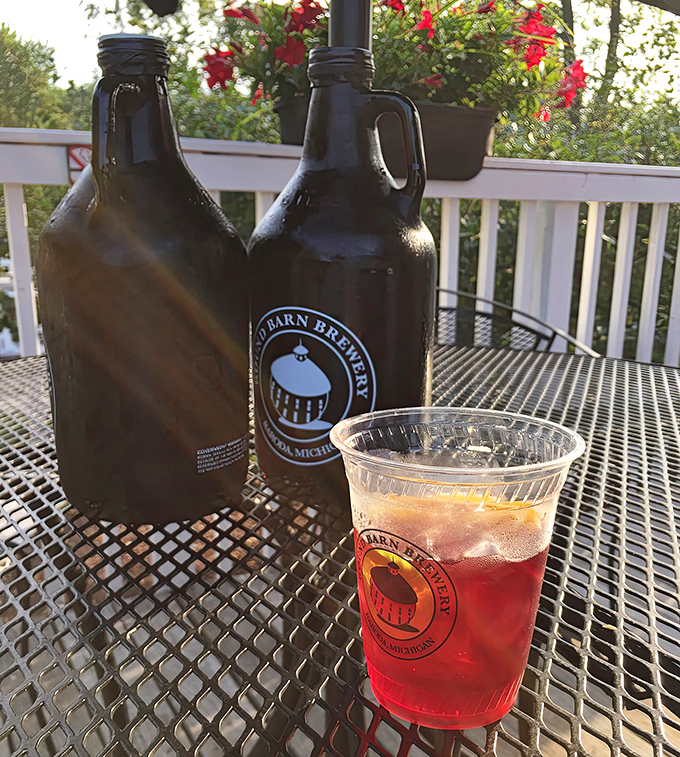 Growlers of goodness: Round Barn's craft brews stand ready for transport, their dark bottles promising hoppy happiness wherever your Michigan adventures take you.