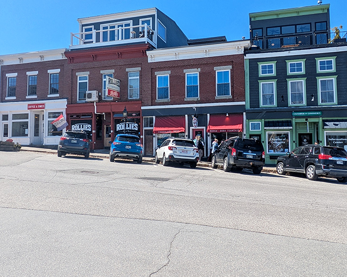 Downtown storefronts maintain their historic character while housing an eclectic mix of modern businesses.
