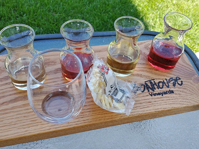 Liquid sunshine in various forms: A flight of Boathouse's finest offerings, each glass promising a different journey through Michigan's terroir.