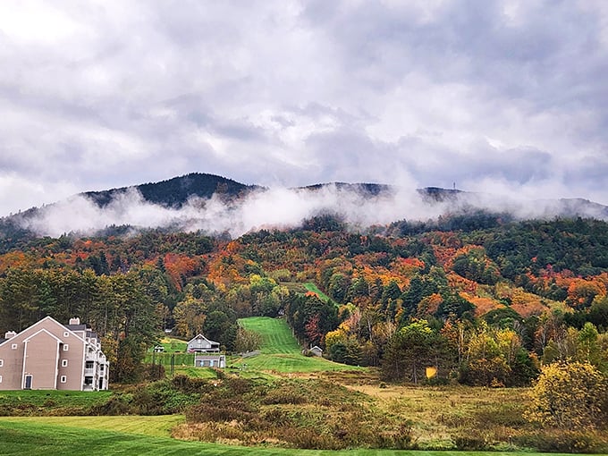 Seasons in transition the mountain wears its autumn colors proudly while wisps of cloud dance around its volcanic shoulders.