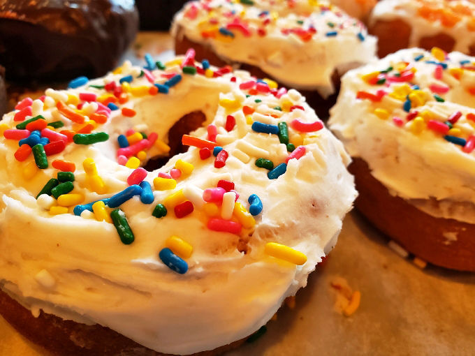 Happiness in circular form, these sprinkle-topped donuts are what birthday cake wishes it could be when it grows up.