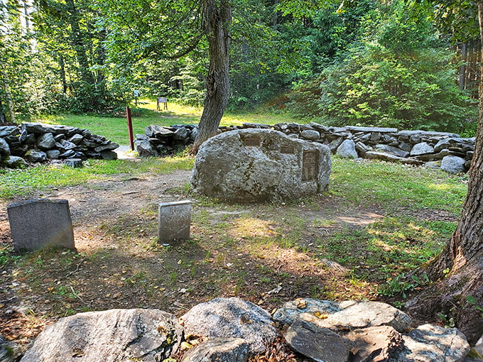 History whispers through these stones, remnants of the island's past standing sentinel among the trees.