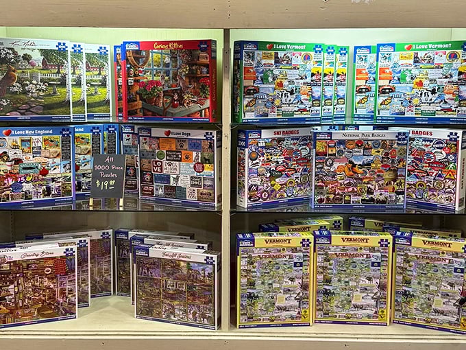 Jigsaw puzzles featuring Vermont scenes offer screen-free entertainment that brings families together around cabin tables on rainy days.