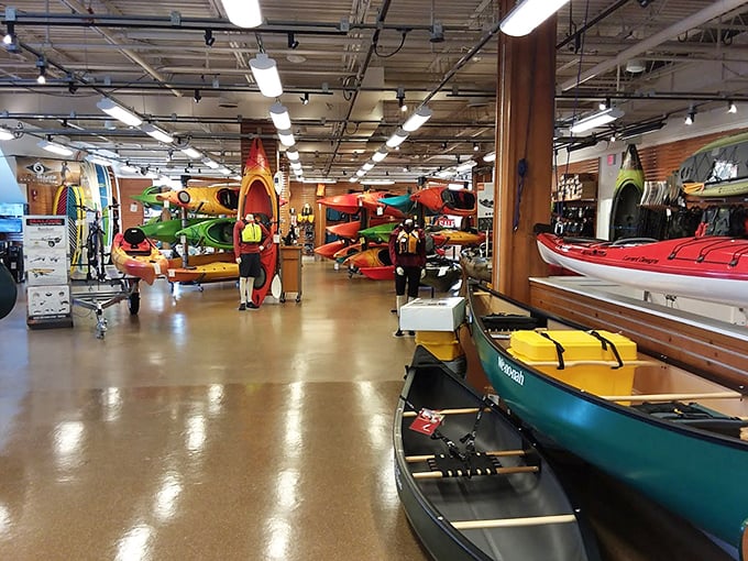 A rainbow of kayaks awaits adventure-seekers. The hardest decision isn't whether to buy one, but which color will look best on Instagram.