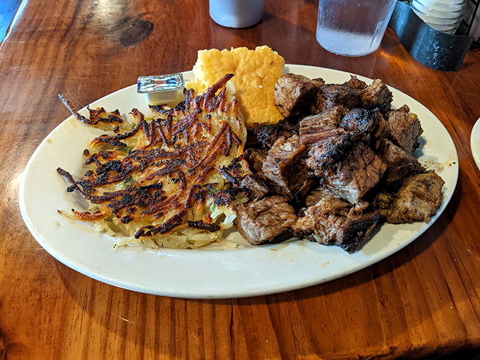 Steak tips with a perfect char alongside hash browns that could make a breakfast joint jealous &ndash; comfort food elevated.